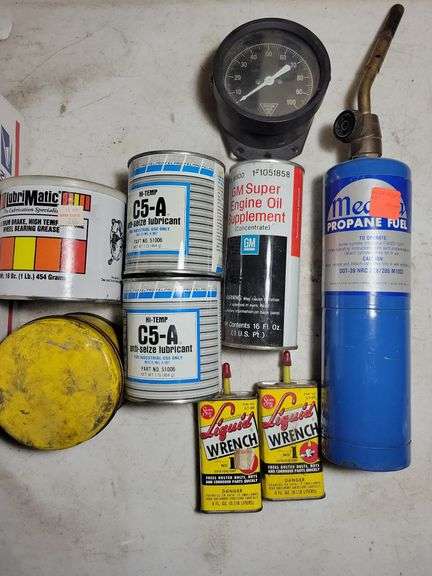 ASSORTED LUBRICANT, ENGINE OIL SUPPLEMENT, BEARING GREASE, PROPANE FUEL ...