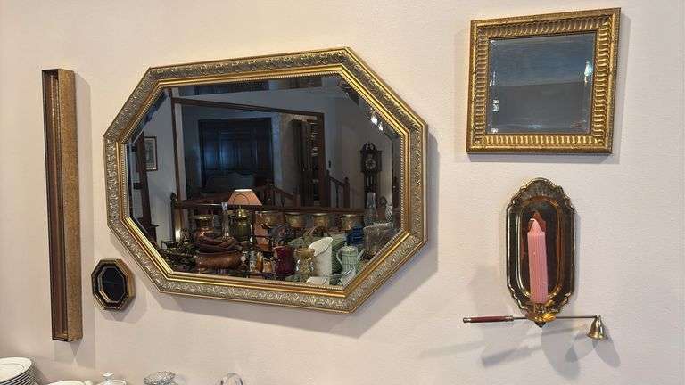 ( DR) 24” X 38” MIRROR, AND ASSORTED MIRRORS, BRASS CANDLE HOLDER, ETC. - Isabell Auction