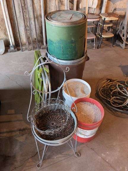 (BG) CHAIR PLANT STAND, LAWN CHAIRS, TRASH CANS, BARREL, OIL SOAK ...