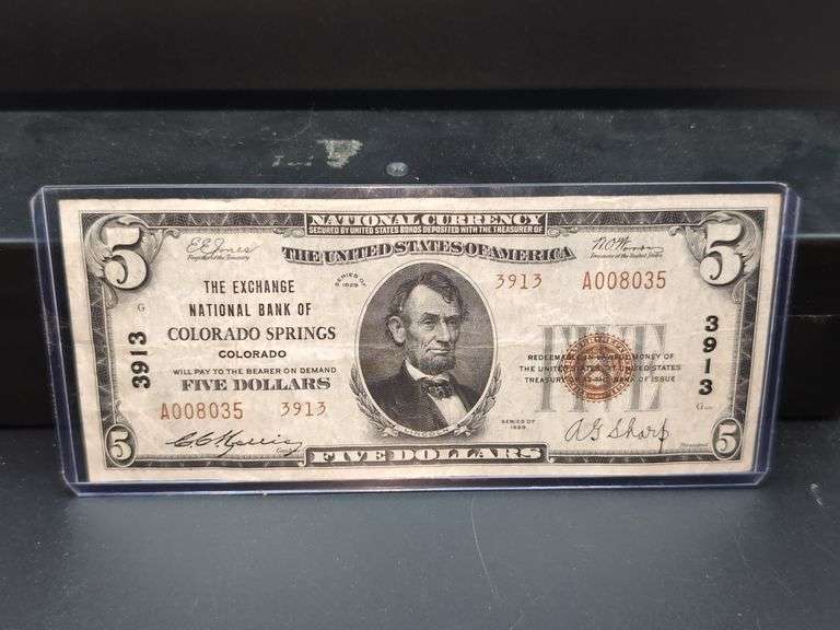 1929 EXCHANGE NATIONAL BANK OF COLORADO SPRINGS COLORADO BROWN SEAL $5 ...