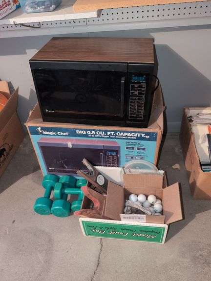(G) MAGIC CHEF MICROWAVE, WEIGHTS, GOLF BALLS, BOOT JACKS, ETC ...