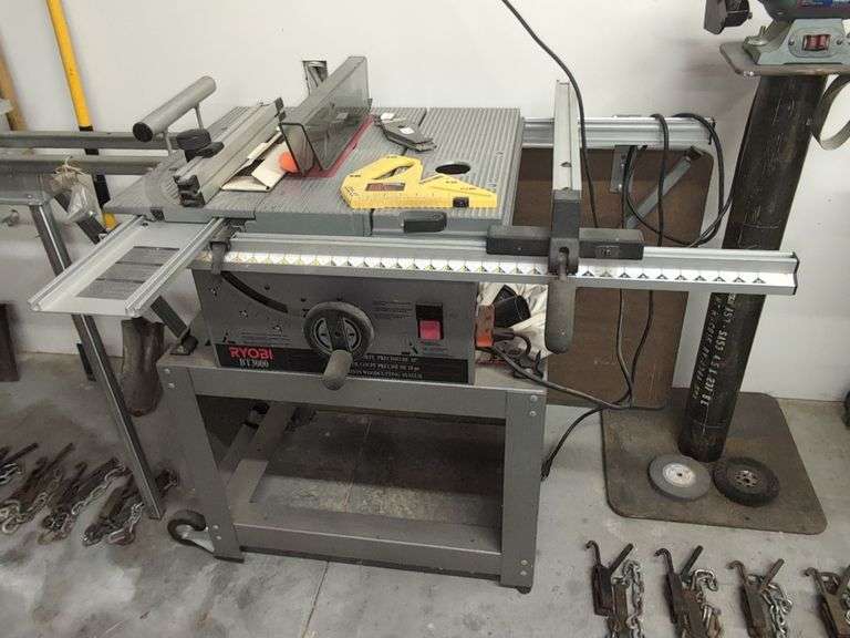(S) RYOBI 10" TABLE SAW WITH FOLD-DOWN TABLE EXTENSION & STAND WITH ...