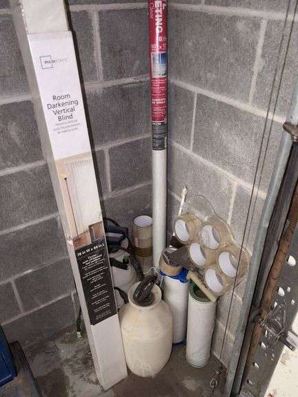 78" X 84" VERTICAL BLIND, PUMP SPRAYERS, PACKING TAPE, TAPE GUN, SHRINK WRAP, 8-MIL. VINYL ...