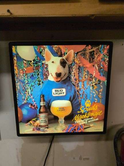 VINTAGE BUD LIGHT SPUDS MACKENZIE LIGHTED SIGN (18" X 18") - Isabell ...