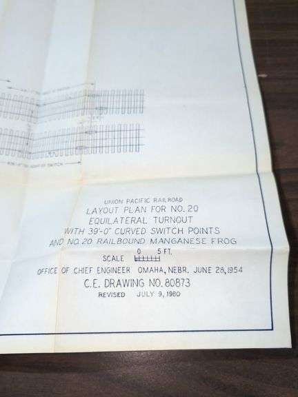 1980 UNION PACIFIC NO.20 EQUILATERAL TURNOUT LAYOUT PLAN - Isabell Auction