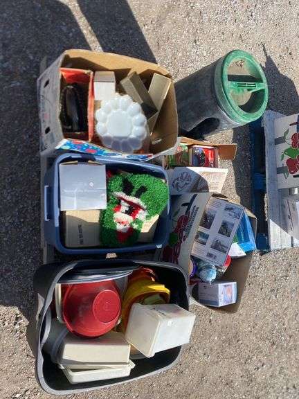 (OUT) LOT OF ASSORTED TUPPERWARE, GLASSWARE, GAMES, MUGS, HOLIDAY DECOR ...