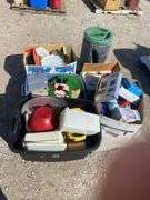 (OUT) LOT OF ASSORTED TUPPERWARE, GLASSWARE, GAMES, MUGS, HOLIDAY DECOR ...