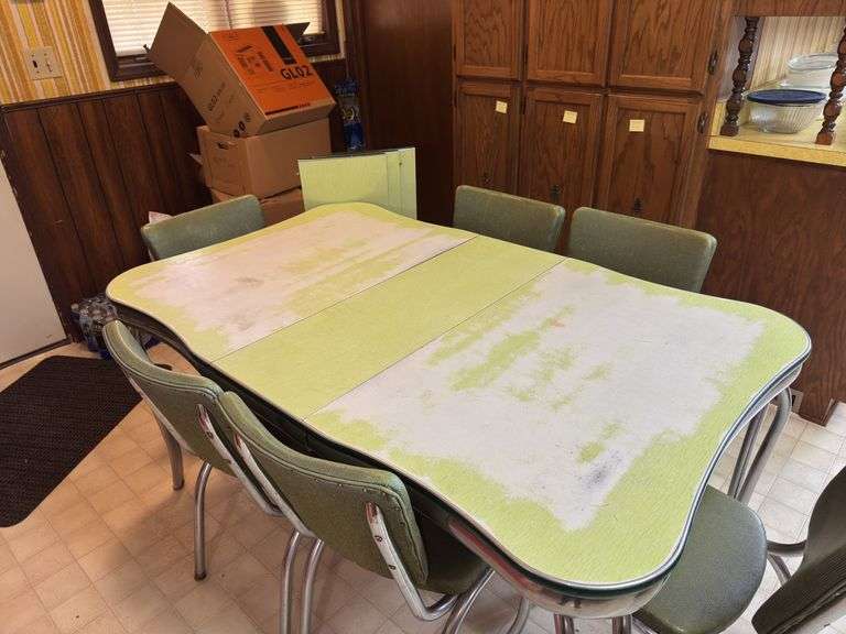 (K) GREEN VINTAGE FORMICA TOP CHROME DINING TABLE WITH 6 CHAIRS AND 4 ...