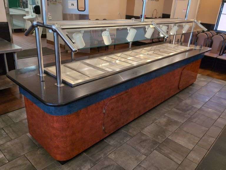 COMM. LIGHTED COLD TABLE BUFFET ISLAND W/SNEEZE GUARD, PLATE RACKS ...