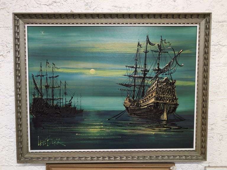 "SHIPS AT SEA, MYSTIC GALLEONS" BY LEE BURR PICTURE IN FRAME (34½" X 45 ...