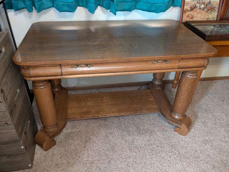 (LB) VINTAGE OAK LIBRARY TABLE WITH DRAWER (28" X 48" X 29" TALL ...