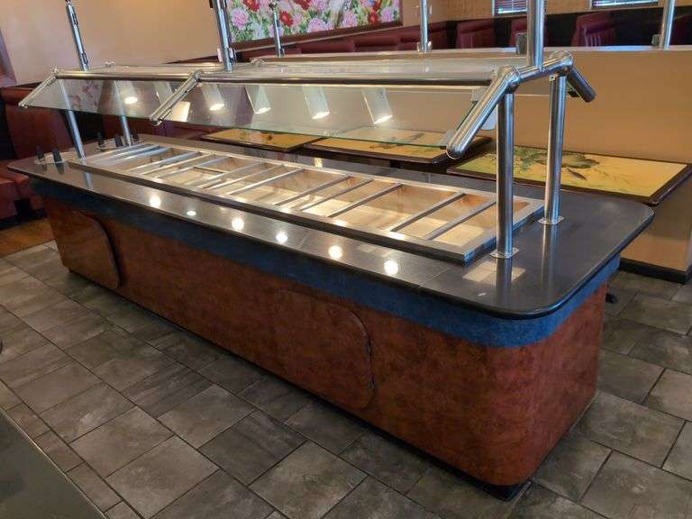 COMM. LIGHTED STEAM TABLE BUFFET ISLAND W/SNEEZE GUARD, PLATE RACKS ...