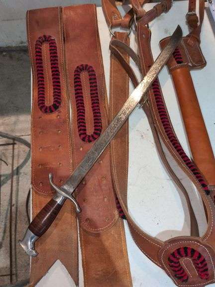 (BARN) LEATHER BREAST COLLAR, STRAPS, & SWORD SCABBARD SET WITH SWORD ...