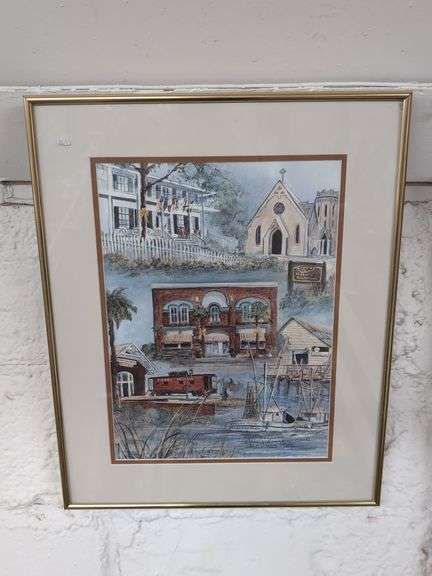 SIGNED "FERNANDINA BEACH" LANDMARKS BY EILEEN SHANNON MOORE PRINT IN FRAME (16" X 20") (366/750 ...