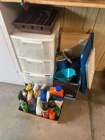 (G) ASSORTED BUG KILLER AND SPRAY, FUNNELS, STORAGE ORGANIZER, ETC ...