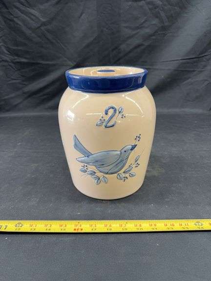 BLUEBIRD STONEWARE CROCK CANISTER - Isabell Auction