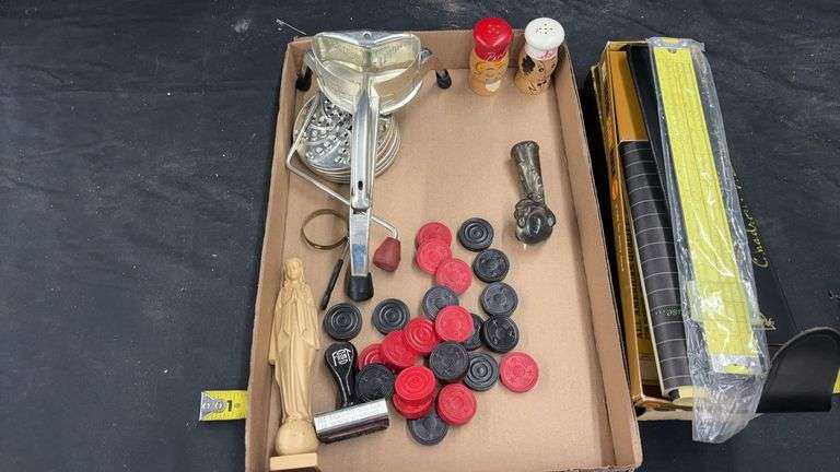 METAL SLIDE RULE, SALT AND PEPPER SHAKER, BRASS AND GLASS CLAW FOOT ...