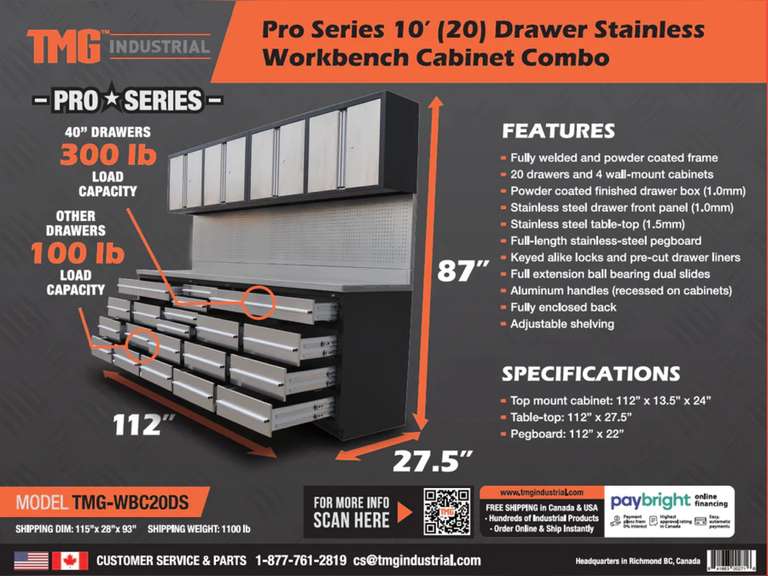 TMG Industrial Pro 10’ 20 Drawer Workbench Cabinet Combo- Open Box ...