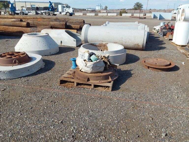 Qty of RCP Concrete Pipe, Manhole Barrels, Steel 24in Ring & Covers - J ...