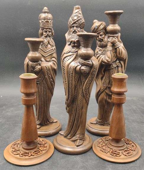 (AL) Carved Wood & Ceramic Wise Men Candleholders - Kraft Auction ...