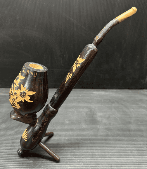 (P) Vintage Wood Pipe Hand Carved Alpine Flowers Long Stem Pipe & Stand ...