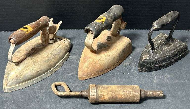 (AA) Lot: Vtg. Cast Iron/Metal Irons & Grease Gun - Kraft Auction ...