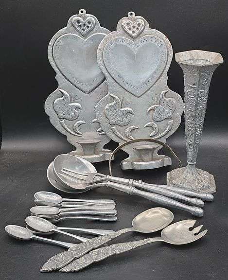 (S) SP Dutch Vase, Pewter Candle Holder, Pewter Fork/ Spoon Serving Set ...