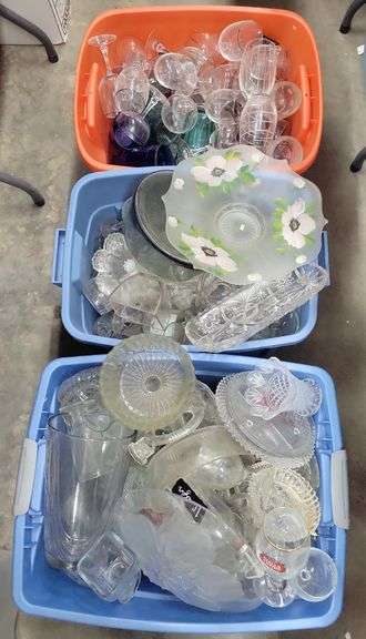 (S) Box Lot Of Clear Glassware Including Wine Glasses Plates Vases And ...