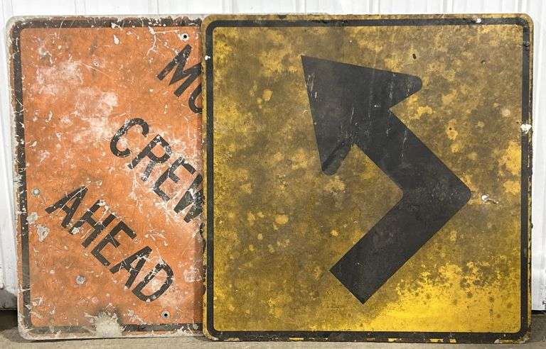 (X) Metal “Mowing Crews Ahead” & “Turn Left” One Sided Road Signs ...