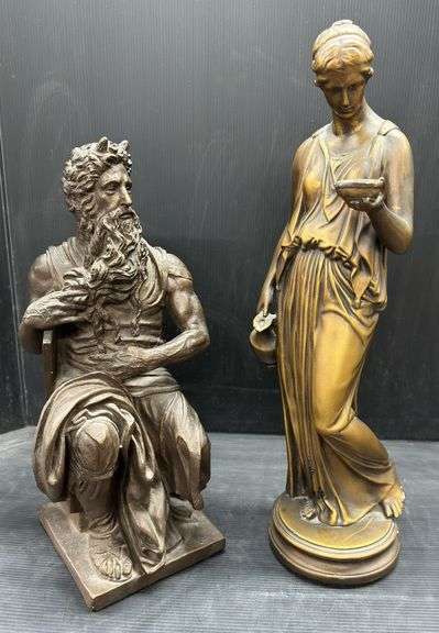 (P) Vintage Greek Goddess Gold Painted Plaster Statue & Moses Sculpture ...