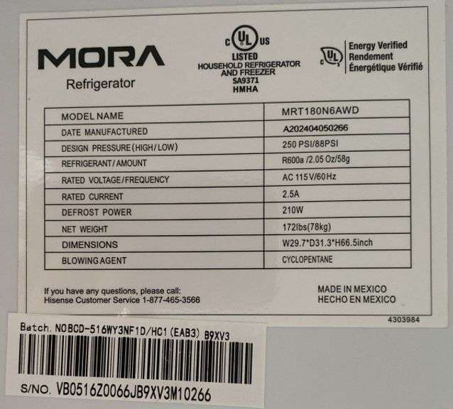 MORA 18 Cu. Ft. Top Freezer Refrigerator - Kraft Auction Service, LLC