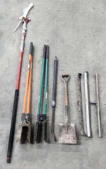 (AI) Yard Tools, Pruning Saw, Post Hole Diggers, Square Shovel, Pry Bar ...