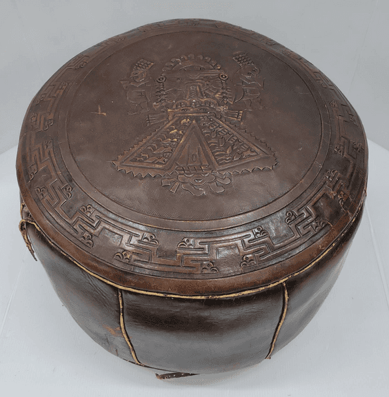 (S) Brown Leather Ottoman Seat Pouf With Aztec Design - Kraft Auction ...