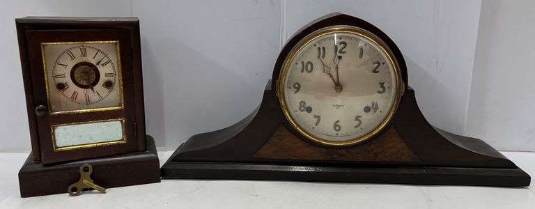 (O) Gilbert Key Wind Mantle Clock & Seth Thomas Hr Strike & Alarm Clock ...