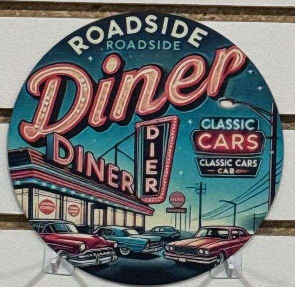 (KC) Roadside Diner Classic Cars Round Advertising Metal Sign 7.75 ...