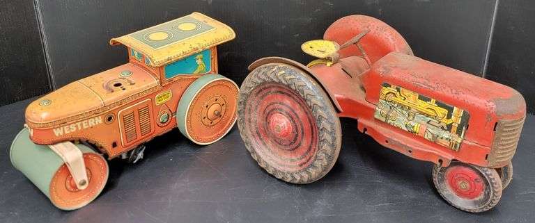(N) Marx Tin Lithograph Farm Tractor And Western Tin Steam Roller ...