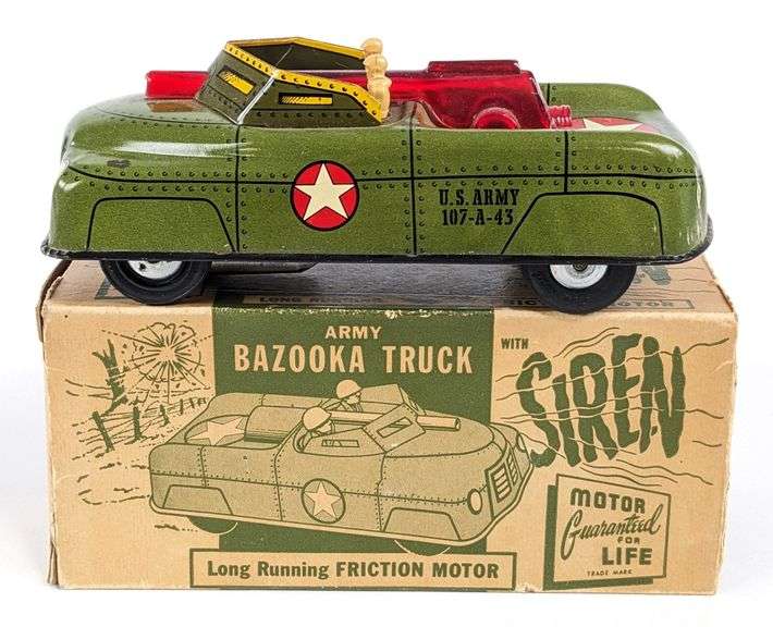 Courtland Tin Friction Army Bazooka Truck w/ Siren - Kraft Auction ...