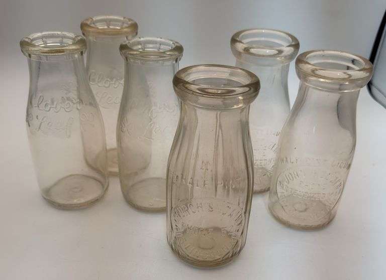 (E) 6 Half Pint Glass Milk Jugs. Clover Leaf, John Holzer, and Church’s ...