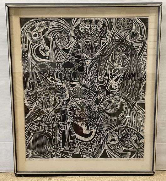 (DD) Artist Signed Abstract Black and White Lithograph Print 28 3/4” x ...