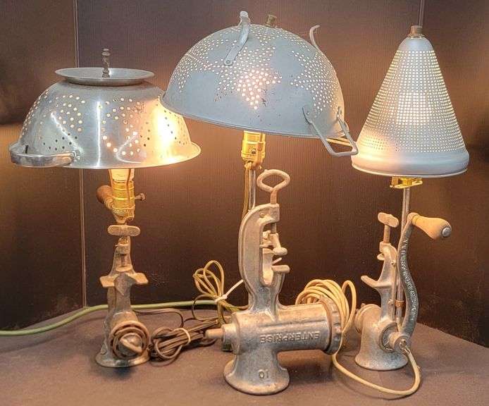 (N) 3 Meat Grinder And Colander Table Lamps. - Kraft Auction Service, LLC