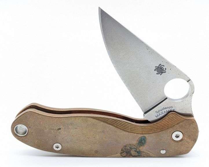 Custom Spyderco Maxamet Brass Folding Knife - Kraft Auction Service, LLC
