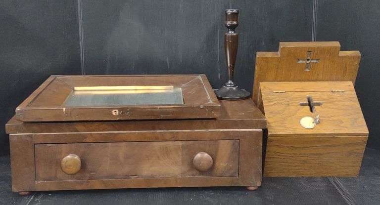 (X) Decorative Wood Items incl. Mirror, Candlestick, Church Tithe Box ...