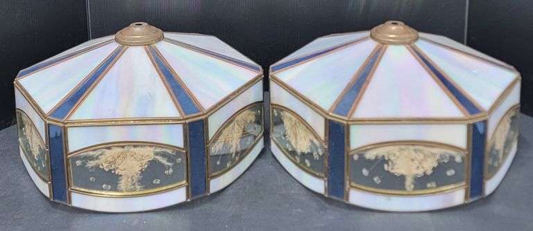 (F) Pair Of Pearl Iridescent Lamp Shades With Pressed Flower Panels ...