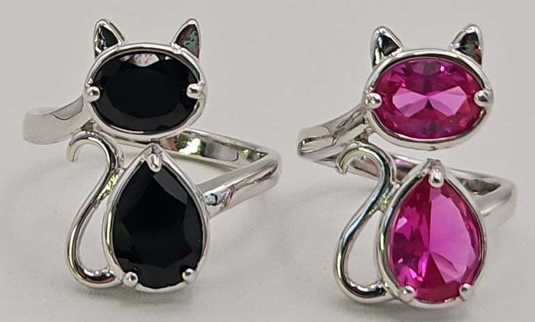 (A) Sterling Silver Cat Rings With Pink Sapphire Gemstones And Black ...