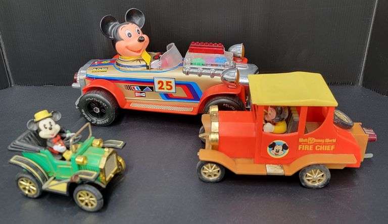 (N) 3 Mickey Mouse Vehicles. Marx Wind Up Fire Chief, Lever Action ...
