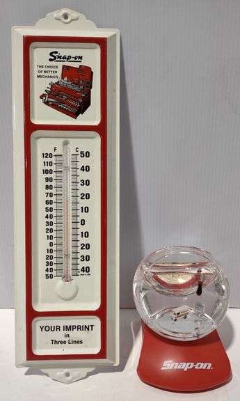 Vtg. Snap-On Metal Thermometer Sign (4"×13") & Vtg. Snap-On Desk Image ...