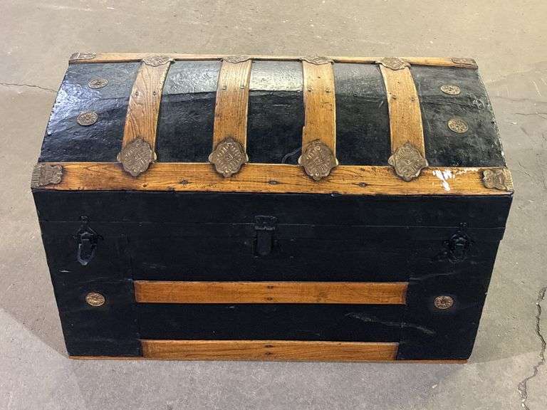 (II) Early 20th Century Wood/Brass Rolling Steamer Trunk. (30.25”x16 ...