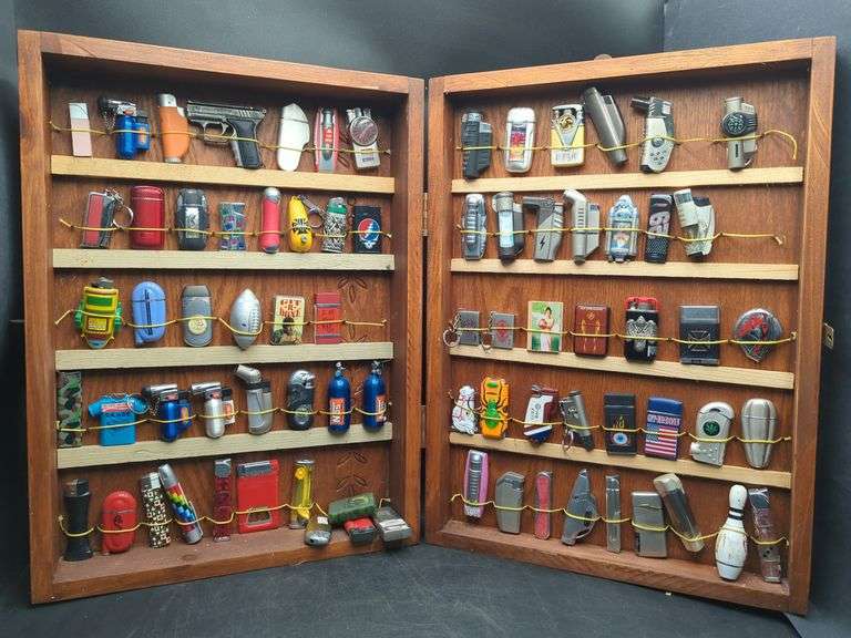 (N) Novelty Lighter Collection in Wood Display Case - Kraft Auction ...