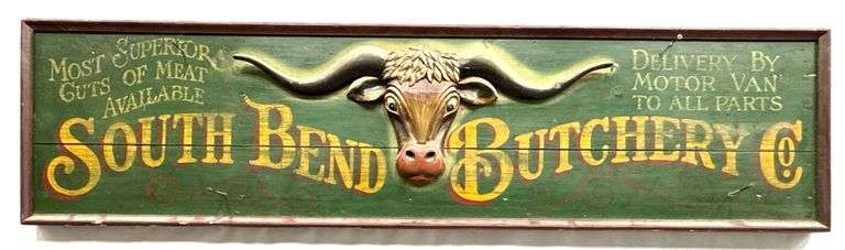 Vtg. South Bend Butcher Co. Solid Wood SS Sign - Kraft Auction Service, LLC