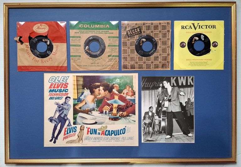 (J) Elvis Presley Collage Frame With 45 RPM Records. Missing glass. 32 ...